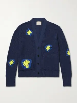 Folk Embroidered Waffle-knit Cardigan - Blue