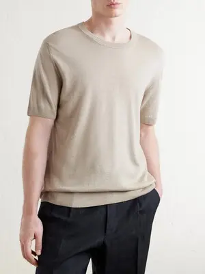 J. MUESER Knitted Linen And Cotton-blend T-shirt - Neutrals