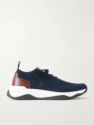 Berluti Shadow Leather-trimmed Stretch-knit Sneakers - Blue
