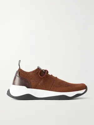 Berluti Shadow Leather-trimmed Stretch-knit Sneakers - Brown
