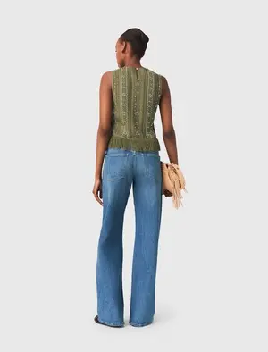 Maje Sleeveless Rhinestone Embroidered Fringed Knit Top