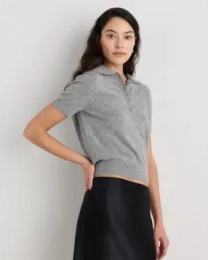 Quince Mongolian Cashmere Short Sleeve Polo - Heather Grey