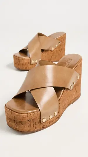 Schutz Serena Leather Wedge Sandals With Cork Midsole - Sonora