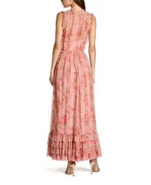Mac Duggal Floral Mesh High Neck Midi Dress With Ruffled Detailing - Rose Multi