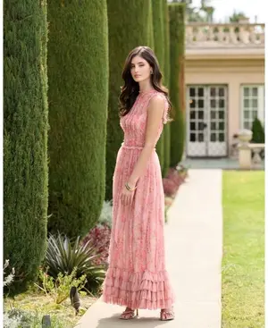Mac Duggal Floral Mesh High Neck Midi Dress With Ruffled Detailing - Rose Multi