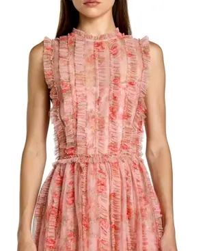 Mac Duggal Floral Mesh High Neck Midi Dress With Ruffled Detailing - Rose Multi
