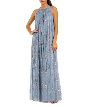 Mac Duggal Mesh Trapeze High Neck Dress With Embroidery - Blue Multi