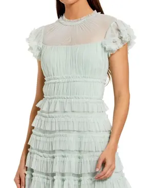 Mac Duggal High Neck Cap Sleeve Ruffled Midi Dress