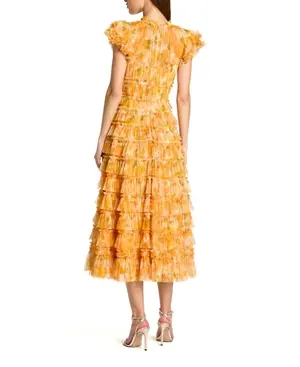 Mac Duggal High Neck Cap Sleeve Ruffled Midi Dress