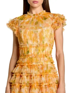 Mac Duggal High Neck Cap Sleeve Ruffled Midi Dress