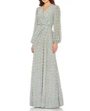 Mac Duggal Embellished V-neck Gown With Long Sleeves