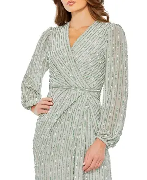 Mac Duggal Embellished V-neck Gown With Long Sleeves