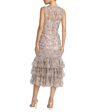Mac Duggal Sleeveless Sequin Tiered Ruffle Midi Dress
