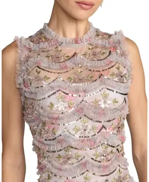 Mac Duggal Sleeveless Sequin Tiered Ruffle Midi Dress
