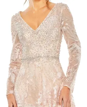Mac Duggal Beaded Embroidered Long Sleeve V-neck Midi Dress