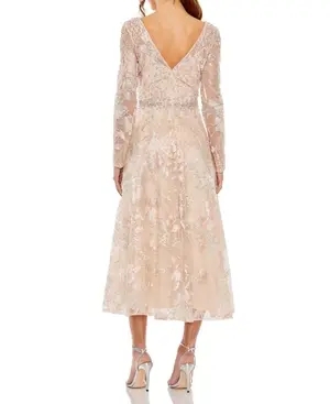 Mac Duggal Beaded Embroidered Long Sleeve V-neck Midi Dress