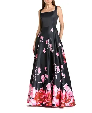 Mac Duggal Sleeveless Printed Satin Ballgown - Black Multi