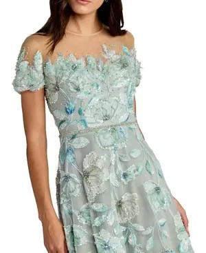 Mac Duggal High Neck Cap Sleeve Embellished A-line Gown