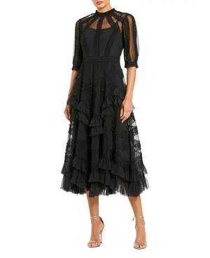 Mac Duggal High Illusion Neck Ruffle Tiered A-line Midi Dress - Black