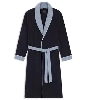BOSS Embroidered Logo Cotton Velvet Dressing Gown - Dark Blue