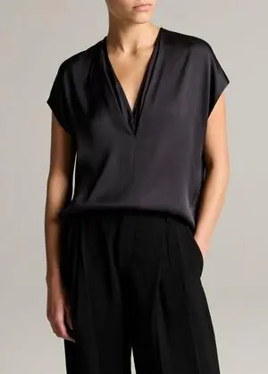 Vince Silk-blend Double V-neck Cap Sleeve Top - Ink