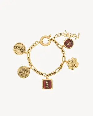 Saint Laurent Cassandre Charm Bracelet In Enamel And Metal - Burgundy And Patinated Gold