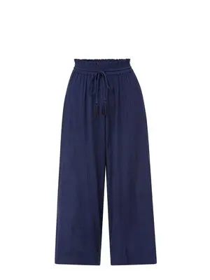 CHANGE OF SCENERY Navy Crinkle Cotton Wide Leg Pull-on Pants
