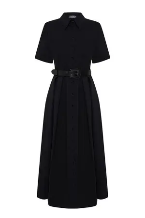 EXQUISE Lilah Classic Collar Belted Midi Dress
