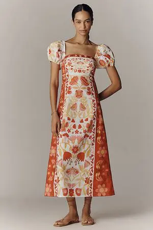Farm Rio X Cotton Puff-sleeve Midi Dress - Romantic Orchard