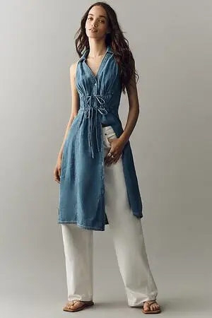 PILCRO 100% Cotton Denim Midi Shirt Dress