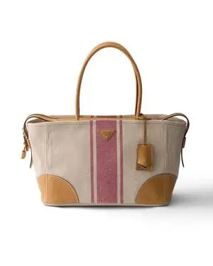 Prada Large Canvas And Leather Tote Bag - Tan/red