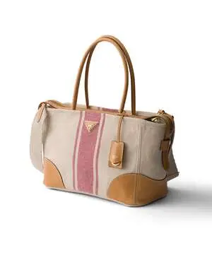 Prada Large Canvas And Leather Tote Bag - Tan/red