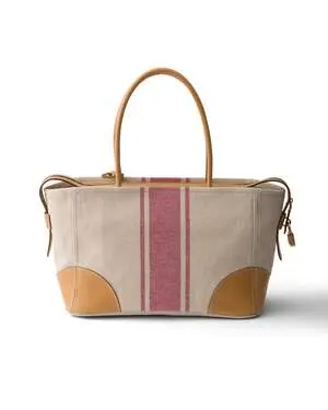 Prada Large Canvas And Leather Tote Bag - Tan/red