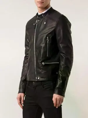 LANVIN Band Collar Leather Biker Jacket