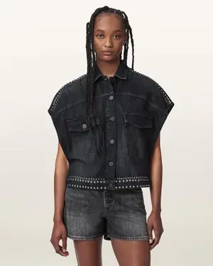 ALLSAINTS Alba Sleeveless Studded Denim Shirt - Black