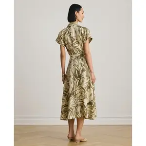 Ralph Lauren Linen Palm Frond Print Belted Camp Shirtdress - Olive Multi