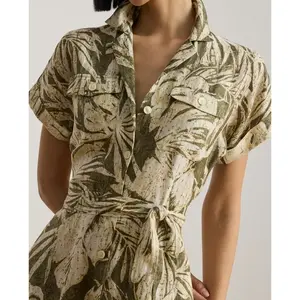 Ralph Lauren Linen Palm Frond Print Belted Camp Shirtdress - Olive Multi