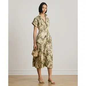Ralph Lauren Linen Palm Frond Print Belted Camp Shirtdress - Olive Multi