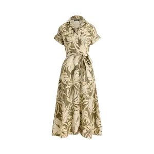 Ralph Lauren Linen Palm Frond Print Belted Camp Shirtdress - Olive Multi