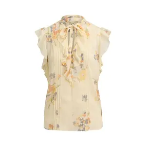 Ralph Lauren Floral Pintucked Tie-neck Blouse - Cream Multi