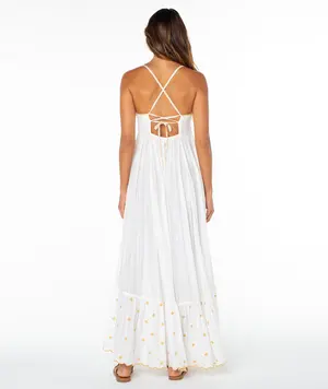 Roxy Sunburst Maxi Dress With Golden Embroidery And Tie-back Detail