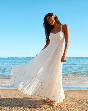 Roxy Sunburst Maxi Dress With Golden Embroidery And Tie-back Detail - Cloud Dancer Solid