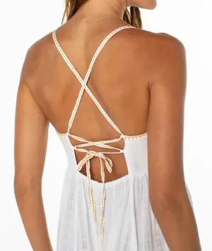 Roxy Sunburst Maxi Dress With Golden Embroidery And Tie-back Detail