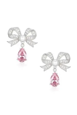 SANTINNI Grand Duchess' Bow & Pink Crystal Earrings - Pink/silver