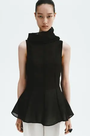 H&m Ramie-blend Peplum Top With Cowl Neck