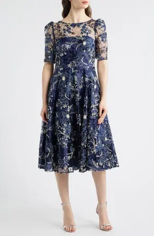 Eliza J Illusion Embroidered Fit & Flare Cocktail Dress - Navy