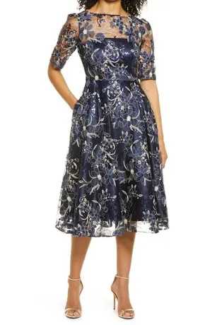 Eliza J Illusion Embroidered Fit & Flare Cocktail Dress - Navy