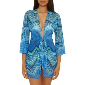 BECCA By Rebecca Virtue Sunrise Cover-up Tunic With Tropical Print And Fluted Sleeves