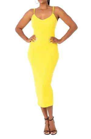 DAI MODA Rib Knit V-neck Midi Dress - Yellow