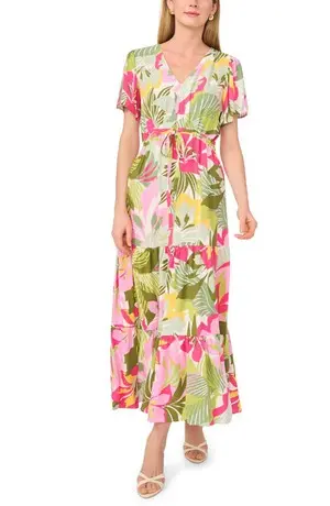 Vince Camuto Printed Tie Waist Tiered Maxi Dress - Flamingo Pink